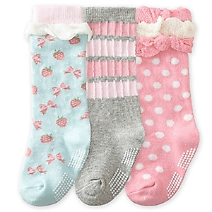 QandSweet 6 Pairs Baby Girl Knee-High Socks Toddler Princess Cute Non-skid Socks 8-36M (6 Colors)