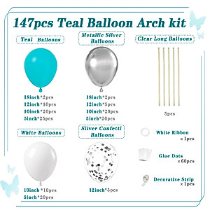 147pcs Teal Balloon Arch Garland kit, 18 12 10 5 inch Turquoise Metallic Silver White Balloons for Birthday Graduation Baby Shower Wedding Beach Party Decoration