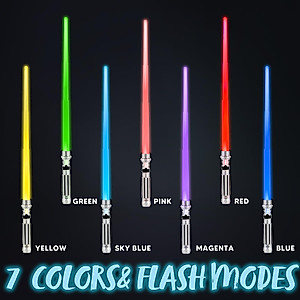 JOYIN Extendable 2-in-1 Light Up Sword for Kids, Dual LED Swords Set with FX Sound (Motion Sensitive) and Realistic Sliver Handle for Fighters and Warriors, New Years Eve Party Supplies Boys Stuff