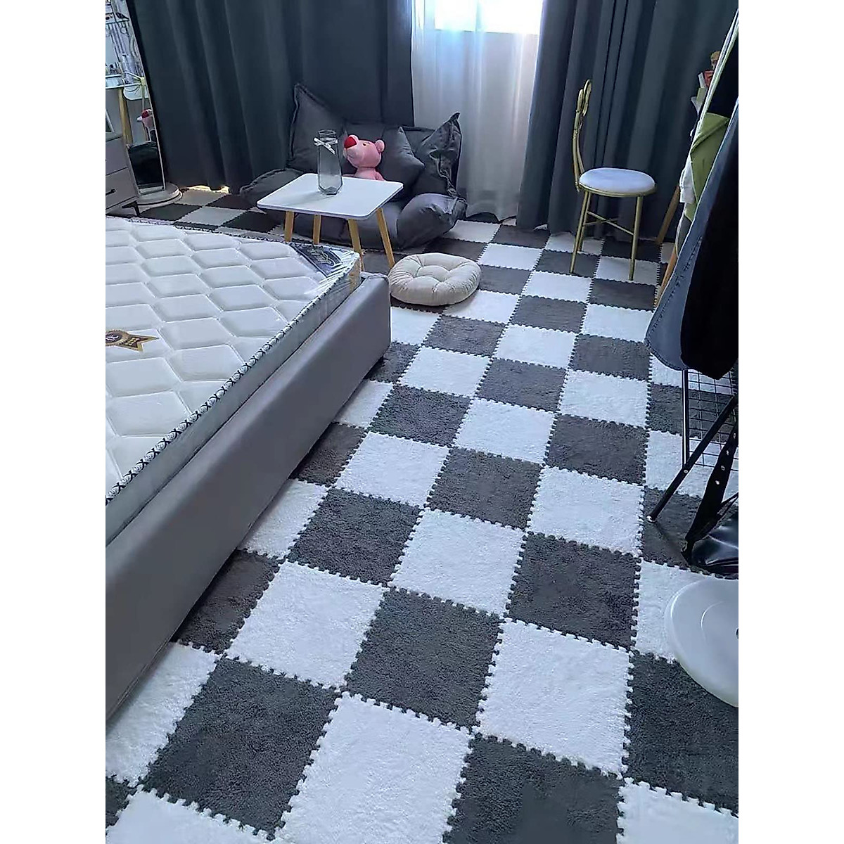 Interlocking Foam Tiles 10 Pcs 3/8" Thick Foam Flooring Tiles for Playroom Bedroom, Children Plush Puzzle Interlocking Tiles with Edgings, Comfortable Square Foam Mats (Color : Grey+White)