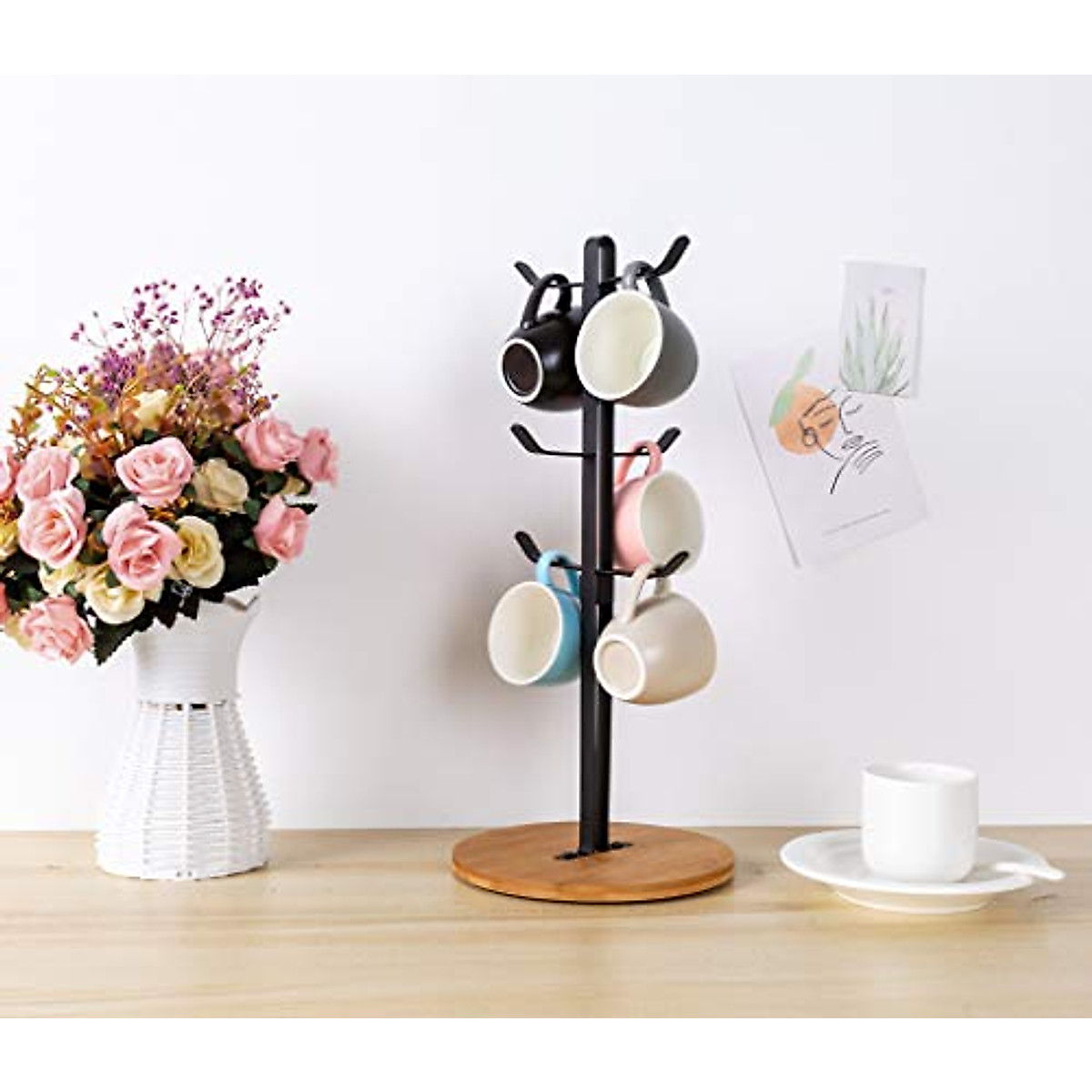 TIEYIPIN Coffee Mug Holder, Espresso Cup Holder, Mugs Tree Hanger, Bamboo Base Coffee Cup Holder Stand with 6 Hooks for Kitchen, Coffee Bar Counter