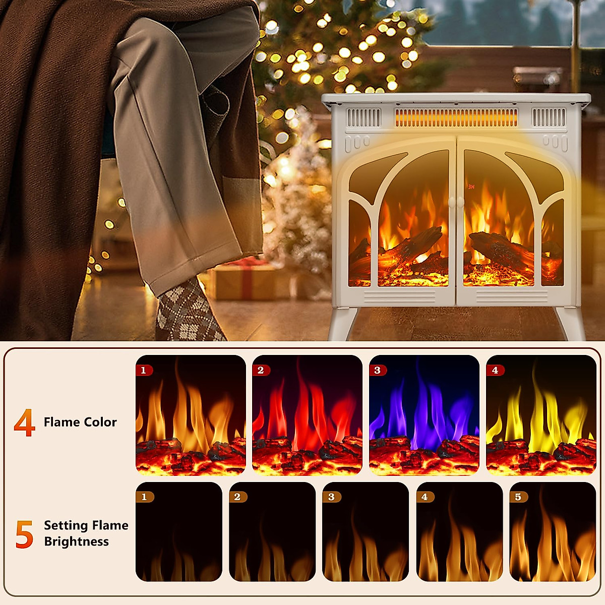 R.W.FLAME Electric Fireplace Heater 25" with Remote, Cathedral Stylish, Different Flame Effects and Log Set Colors, Adjustable Brightness and Heating Mode, Overheating Safe Design, Beige