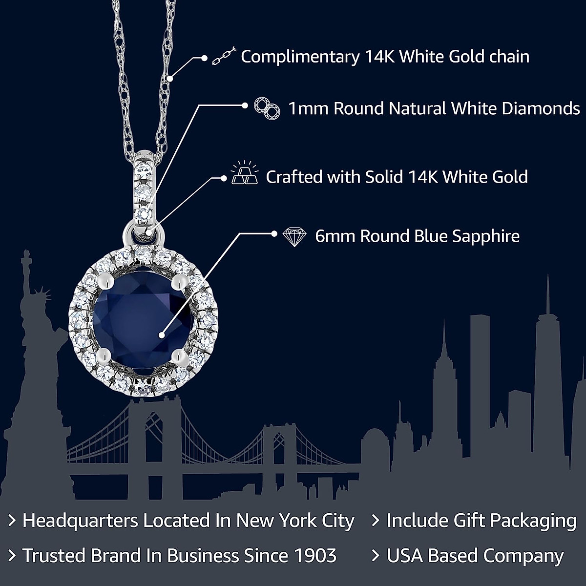 Gem Stone King 14K White Gold Blue Sapphire and Diamond Pendant Necklace For Women (1.17 Cttw, Round Cut 6MM, Gemstone Birthstone, with 18 Inch Chain)