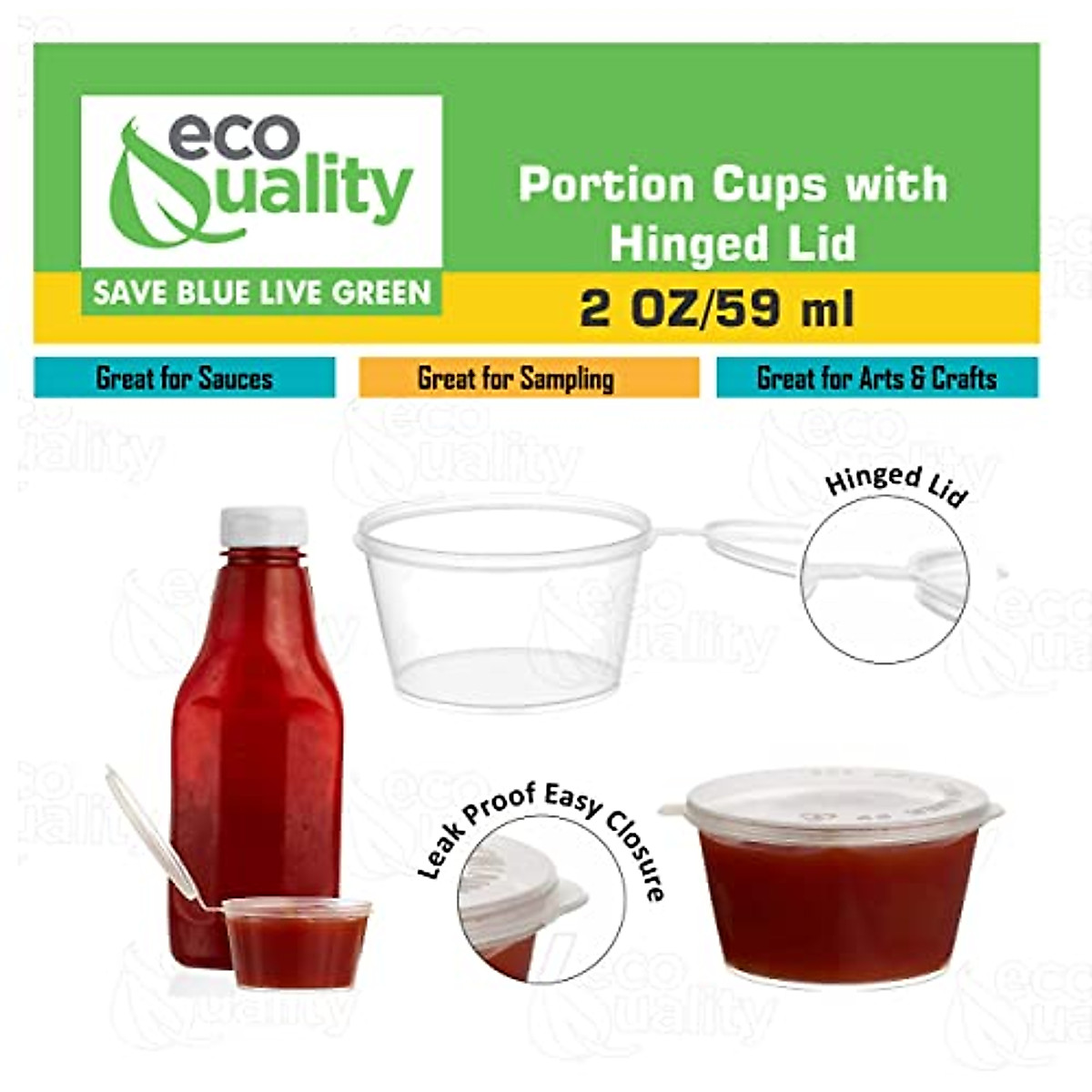EcoQuality [100 PACK 2 Oz Leak Proof Plastic Condiment Souffle Containers with Attached Lids - Portion Cup with Hinged Lid Perfect For Sauces, Samples, Slime, Jello Shot, Food Storage & More!