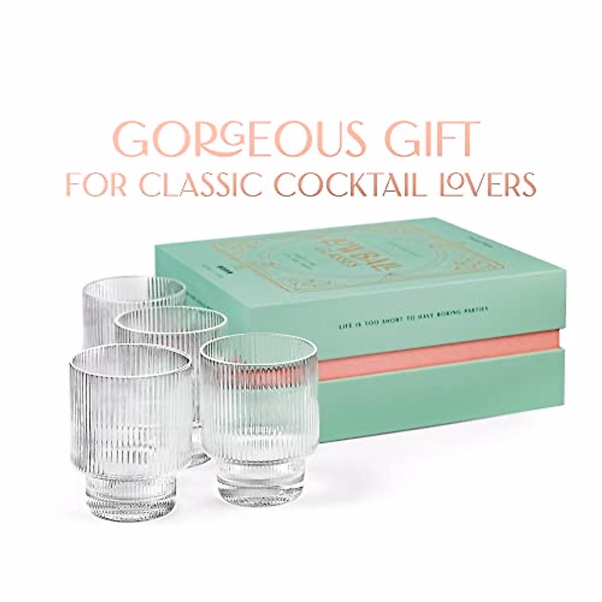 GLASSIQUE CADEAU Vintage Art Deco Ribbed Lowball Cocktail Glasses | Set of 4 | 12 oz Crystal Double Old Fashioned Tumblers for Drinking Classic Whiskey, Gin, Vodka Bar Drinks | Round Glassware