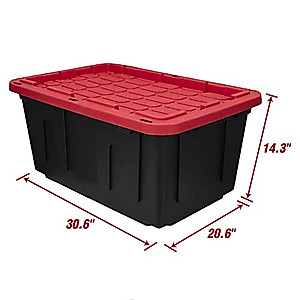 27 Gallon Stackable Snap Lid Plastic Storage Bin, Black Base/Red Lid, Set of 4