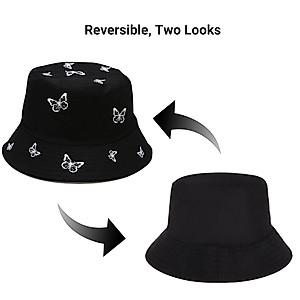 Umeepar Embroidered Bucket Hat Reversible Packable Foldable Beach Sun Hat Outdoor Cap for Women Men (Butterfly Black/Plain Black)