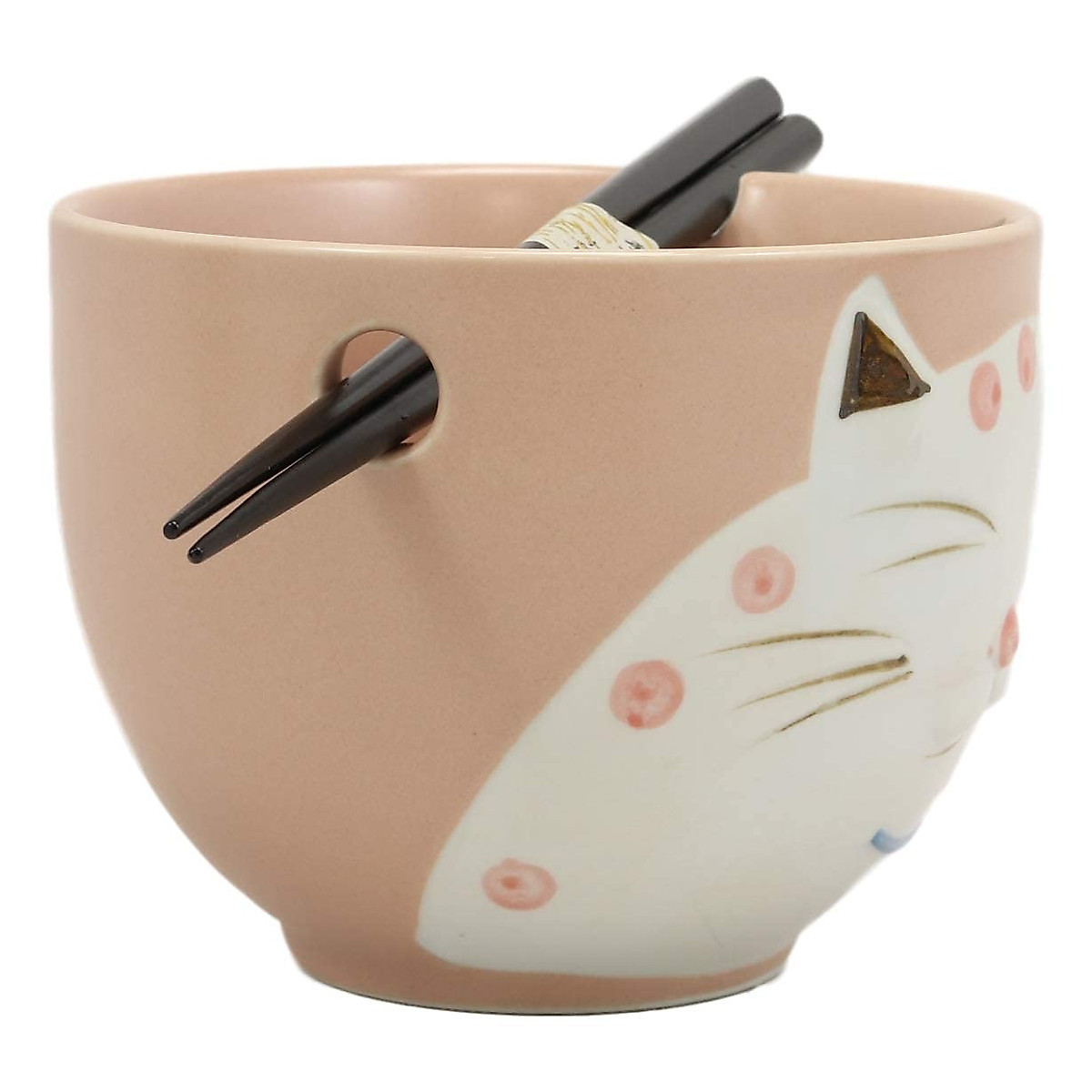 Ebros Whimsical Ceramic Peachy Pink Lucky Meow Cat Pasta Ramen Udong Pho Noodles Soup Bowl and Chopsticks Set Dining Gourmet Meal Feline Cats Collection Rice Bowls Decor Kitchen