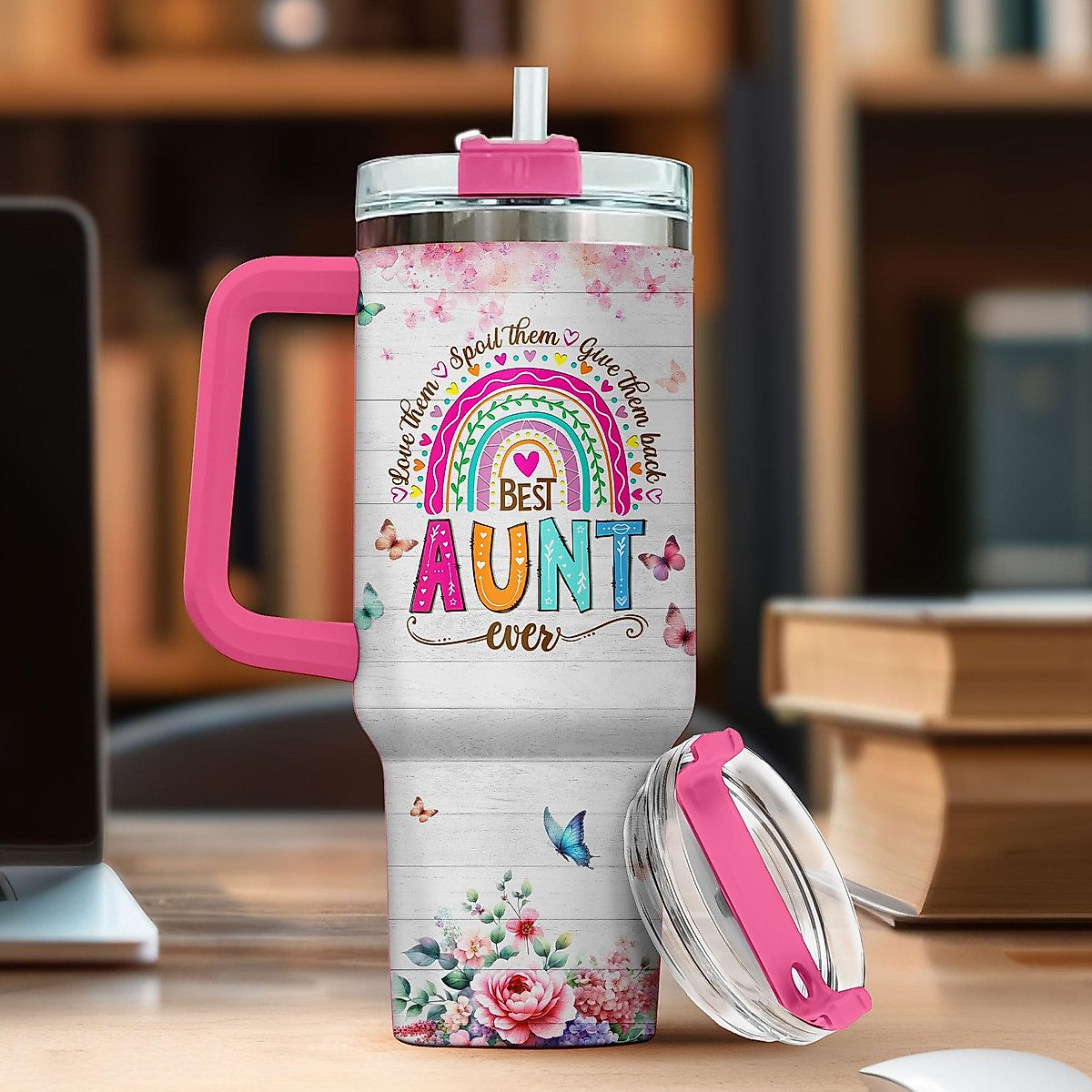 99OWL Aunt Gifts, Women Handle Yellow Camelia Simple Stainless Cups Coffee Auntie Steel Parade Rose Tumblers For, Tumbler 40 Oz With Handle Lid And Straw, Aunt Rainbow Color Floral
