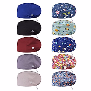 10 Pieces Working Hat with Buttons and Sweatband, Adjustable Bouffant Scrub Caps Women Men Nursing Caps for Nurses (10:5 Printed+5 Solid)