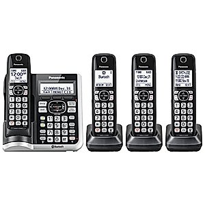 PANASONIC Link2Cell Bluetooth Cordless Phone System with Voice Assistant, Call Blocking and Answering Machine. DECT 6.0 Expandable Cordless System - 4 Handsets - KX-TGF574S (Silver)