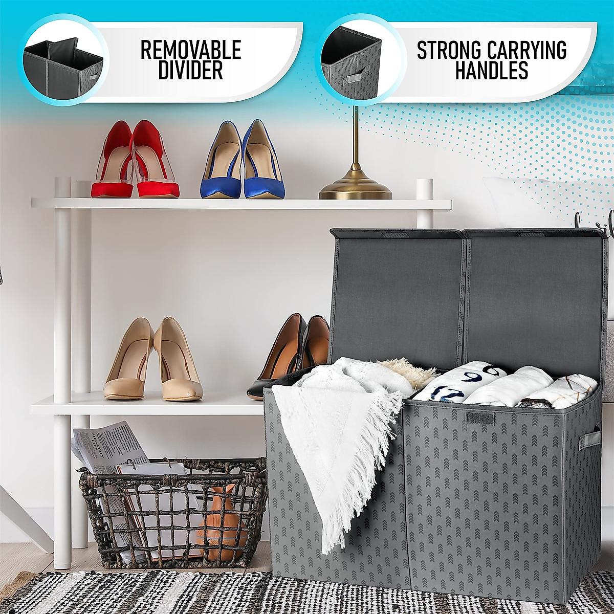 Hula Home Toy Storage (3pc) Large - Collapsible Chest Bins w/Lids | Premium Polyester Linen Fabric - Foldable Box Organizer Closet Trunk Container Basket w/Cover for Boys Girls Bedroom Nursery(Gray)