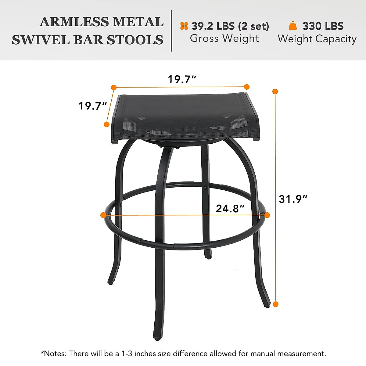 Outdoor Backless Swivel Bar Stools Set of 2, Patio Stools & Bar Chairs, Outside High Top Barstools, Breathable Textilene Fabric for Yard, Deck Porch, Balcony - Armless - Pure Black