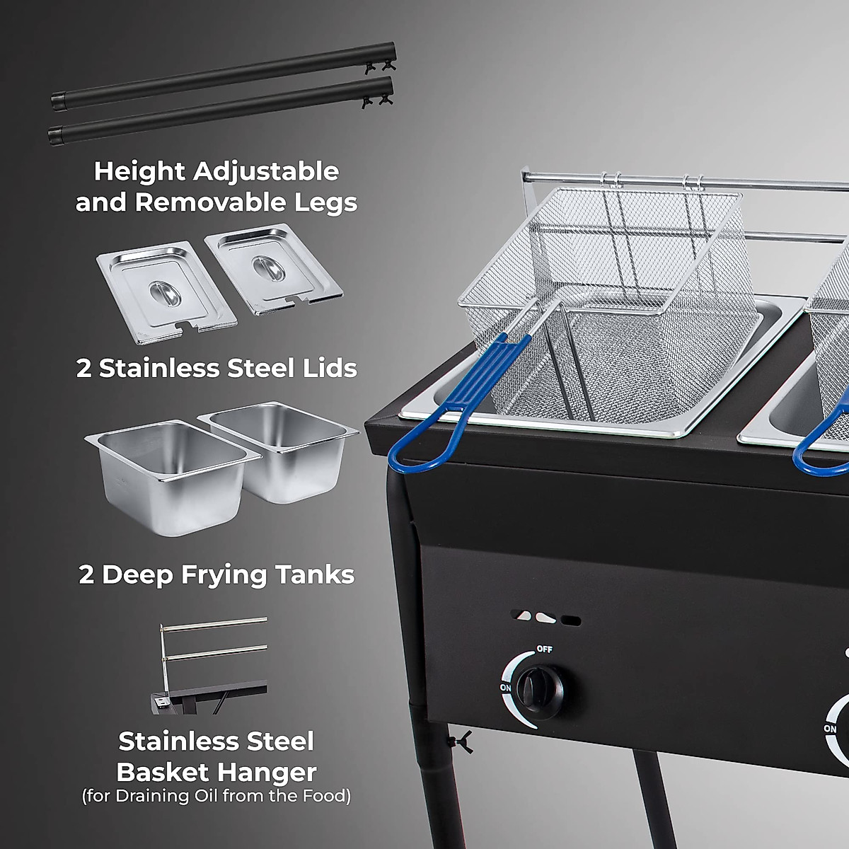 KEEKR Two Tank Outdoor Black Deep Fryer | Propane Deep Fryer Propane with 2 Stainless Steel Basket & Lid Covers | Large Oil Tank Capacity with Regulating Knobs