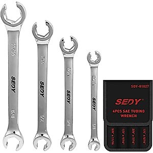 4-Piece Flare Nut Wrench Set - SAE Brake Line Wrench 1/4, 5/16, 3/8, 7/16, 1/2, 9/16, 5/8, 11/16-inch, Professional Offset Heads, Portable Organizer Pouch Included