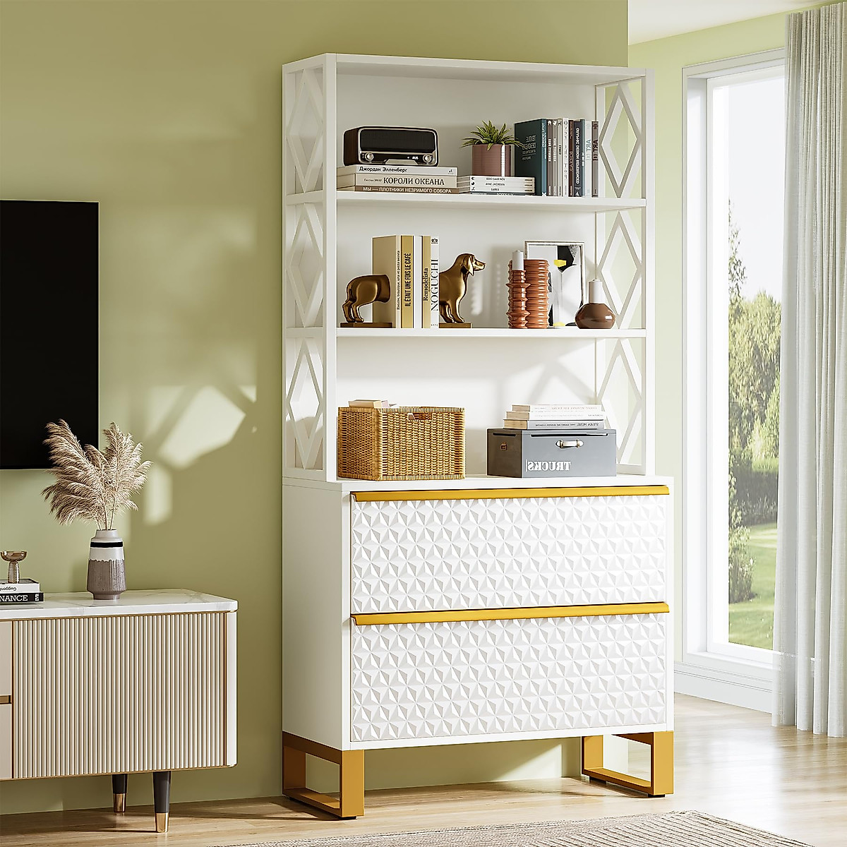 Tribesigns 4-Tier Bookshelf with 2 Drawers, 71" Tall White and Gold Bookshelf with Open Shelves & Drawer, Modern Bookcase Display Book Shelf Organizer for Bedroom, Living Room, Home Office