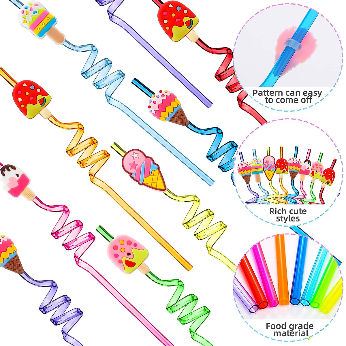 24 Pieces Reusable Ice Cream Straws Plastic Ice Cream Drinking Straws Cute Crazy Straws Ice Cream Party Favors for Kids Birthday Party 8 Styles, 8 Colors