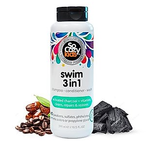 SoCozy Kids Swim 3-in-1 Shampoo, Conditioner & Body Wash - 3-in-1 Combo Pool Shampoo & Conditioner for Swimmers - Salt & Chlorine Removing Activated Charcoal