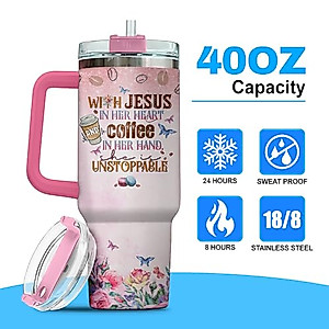 99OWL Insulated Handle Men Primrose Flower Camelia Butterfly Religious Women Yellow Simple Tumblers, Christian Gifts, Tumbler 40 Oz With Handle Lid And Straw, Jesus And Coffee Floral