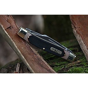 Old Timer 8OT Senior 6.9in S.S. Traditional Folding Knife with 3in Clip Point, Sheepsfoot, Spey Blade and Sawcut Handle for Outdoor, Hunting, Camping and EDC