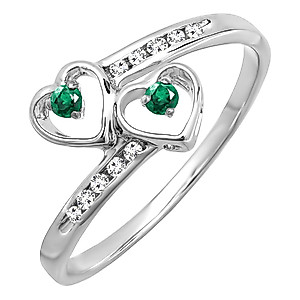 Dazzlingrock Collection Round Green Emerald & Diamond Ladies Double Heart Promise Ring in 925 Sterling Silver, Size 7