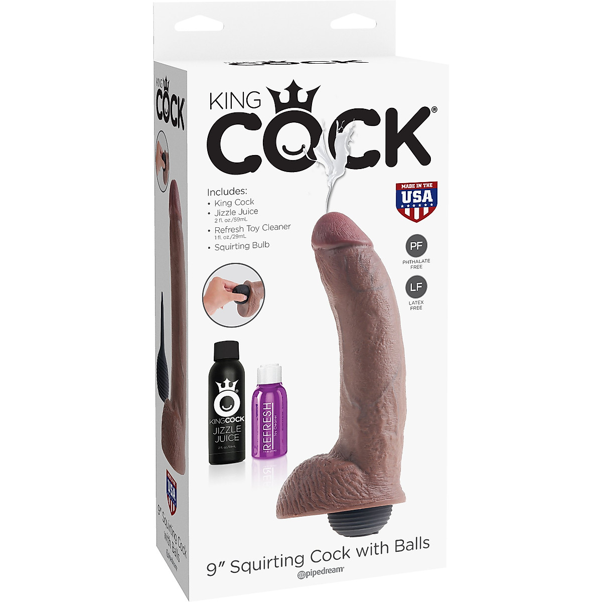 Pipedream King Cock Squirting Cock with Balls, 9", Brown