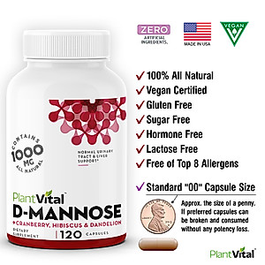 Plantvital D Mannose Capsules with Cranberry - D-mannose 1000mg Capsules - High Potency for Bladder, Kidney and Urinary Tract Support. Cranberry Powder with Hibiscus and Dandelion. 2 Months Supply