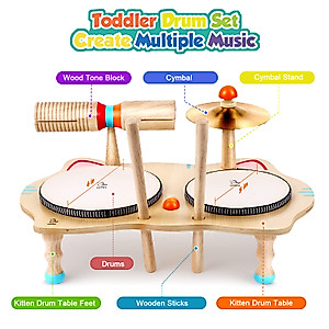 oathx Kids Drum Set All in One Montessori Musical Instruments Set Toddler Toys Natural Wooden Music Kit Baby Sensory Toys Months Birthday Gifts for Girls Boys