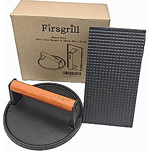 Firsgrill Burger Press 7.08" Round & 8.3‘’X4.3”Rectangle Heavy-Duty Cast Iron Smash Meat Steak With Wood Handle for Blackstone Camp chef Pitboss Weber Treager Griddle Grills (Round & Rectangle)