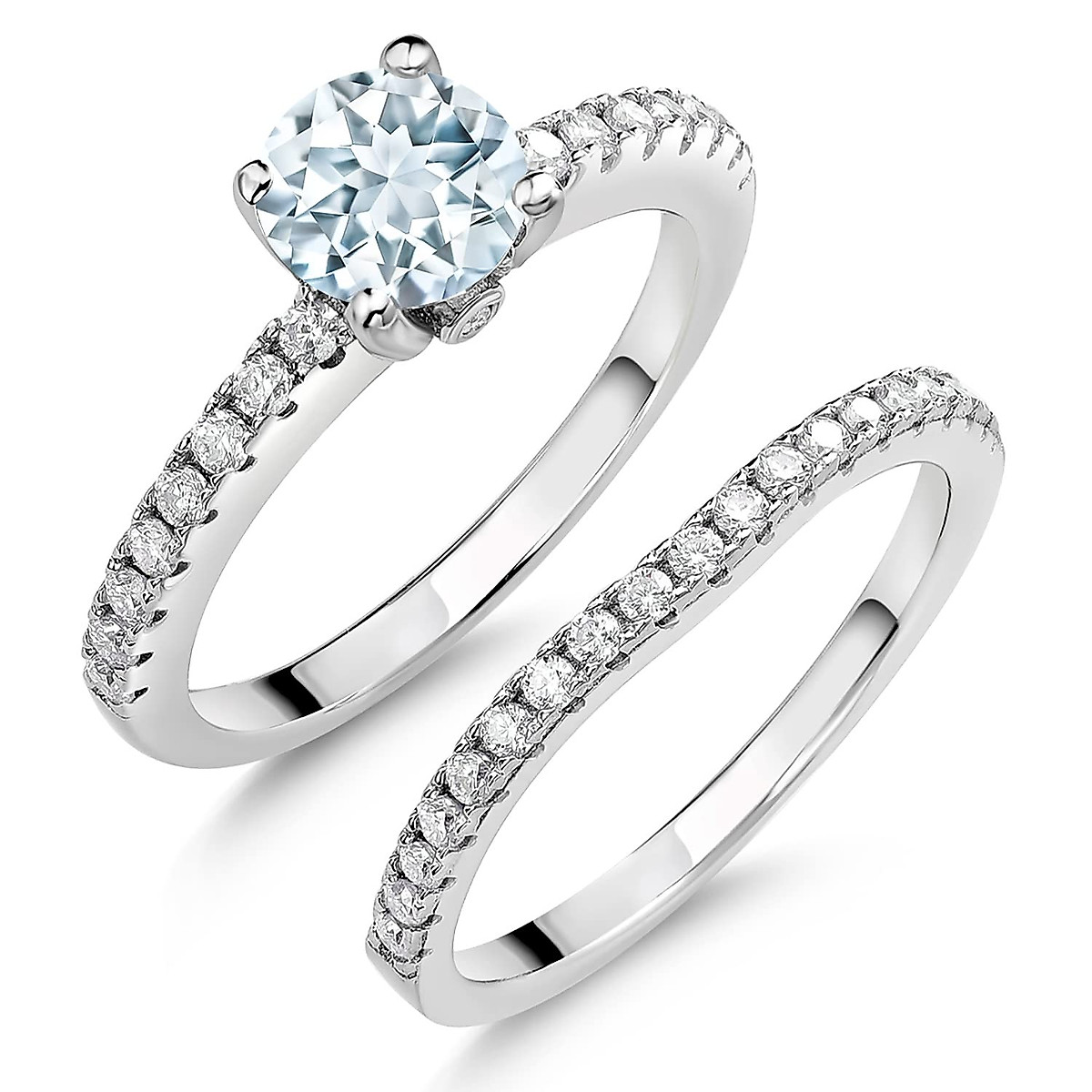 Gem Stone King 925 Sterling Silver Sky Blue Aquamarine and White Moissanite Wedding Engagement Band Bridal Set Ring For Women (1.24 Cttw, Gemstone March Birthstone, Available In Size 5, 6, 7, 8, 9)