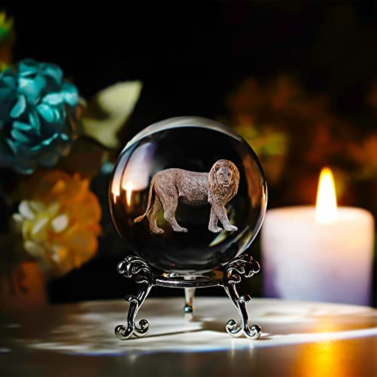 HDCRYSTALGIFTS 60mm Crystal Decorative Ball 3D Laser Etched Crystal Lion Figurine Art Crystal Glass Sphere Engraving for Home Decoration Birthday,Lion Ornaments Gifts