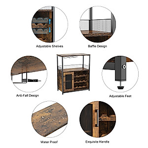 IDEALHOUSE 3-Tier Wine Bar Cabinet with Detachable Wine Rack and Storage Space, Buffet Cabinet with Glass Holder and Mesh Door, for Kitchen, Living Room and Bar (Rustic Brown)