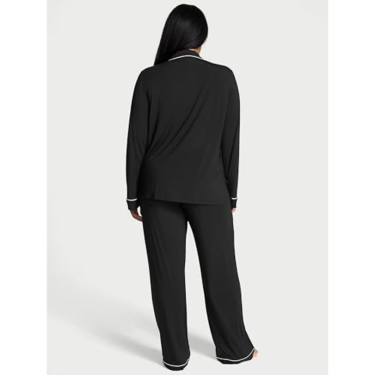 Victoria's Secret Modal Pajama Set, Long Sleeve Shirt and Pants, Pajamas for Women, Black W Angel Pink Piping, M