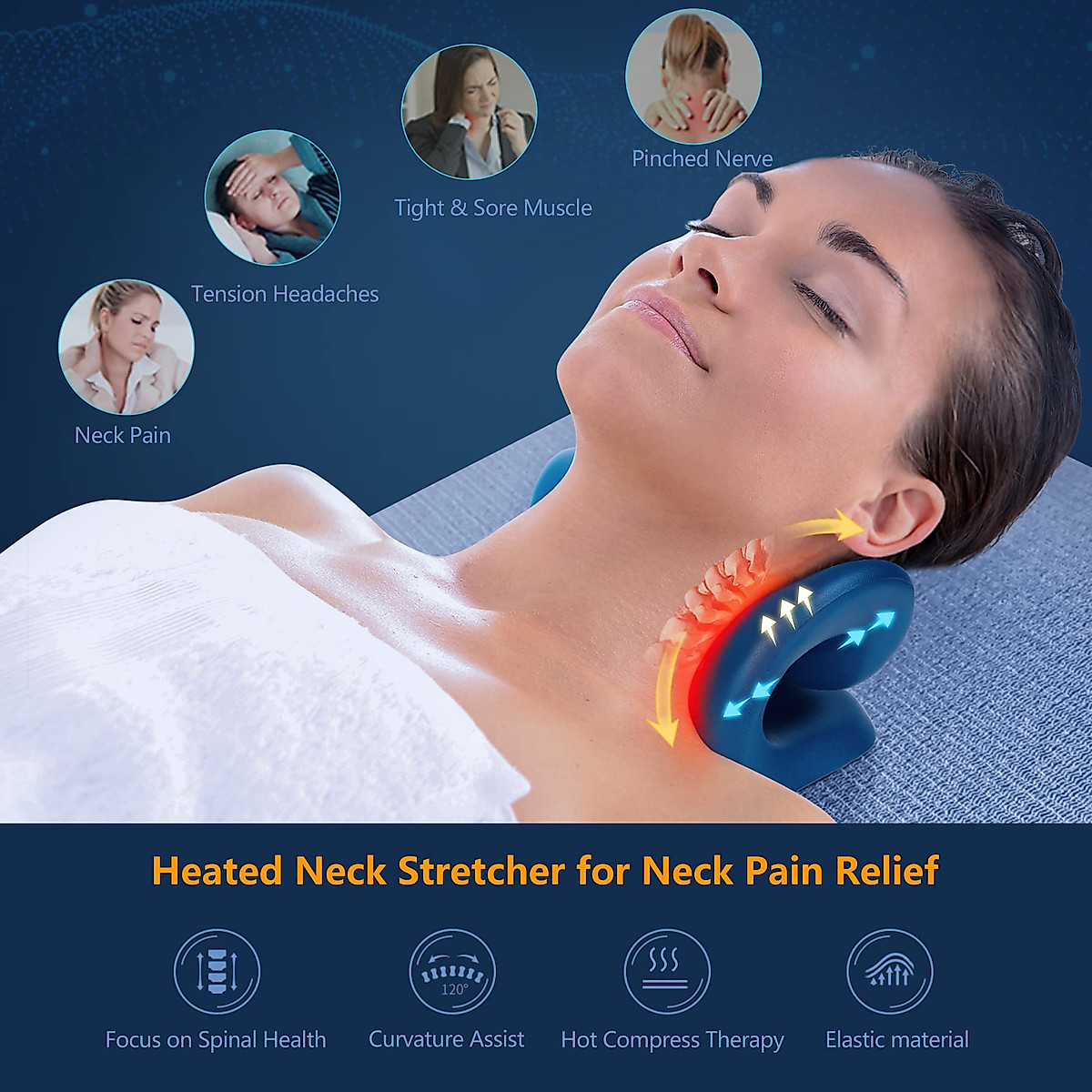 Neck Stretcher for Neck Pain Relief, Heated Cervical Traction Device Pillow with Graphene Heating Pad, Neck and Shoulder Relaxer for TMJ Pain Relief and Cervical Spine Alignment (Dark Blue)