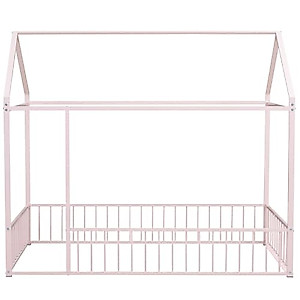 Twin Size Pink Floor Bed Frame with Safety Fence and Door, Metal Montessori Bed Toddler Floor Bed for Kids Girls Boys,Twin House Floor Bed Frame with Roof, No Box Spring Needed (Pink)