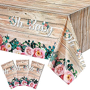 3 Pieces Rustic Wood Baby Shower Tablecloths, Plastic Rectangle Pink Floral Table Cover, Vintage Western Theme Party Decoration for Baby Girl Gender Reveal, Birthday, Wedding, 54 x 108 Inches
