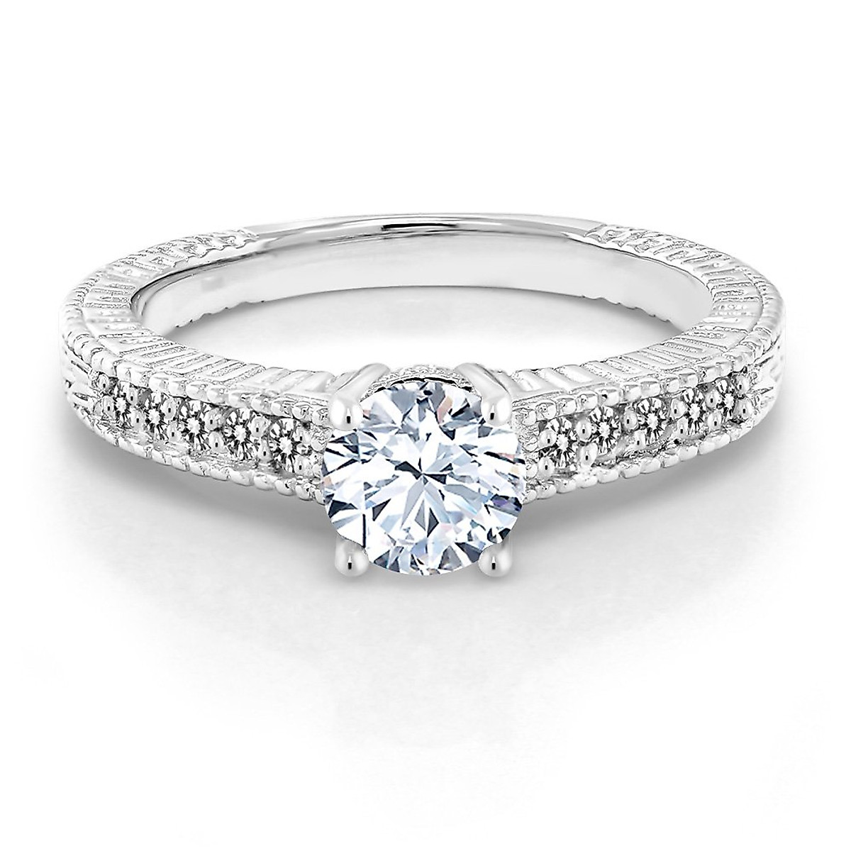 Gem Stone King 925 Sterling Silver White Created Sapphire and White Diamond Engagement Ring For Women (1.37 Cttw, Available in size 5, 6, 7, 8, 9)