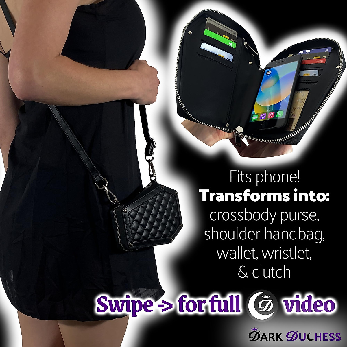 Dark Duchess Coffin Purse Wallet Bag - Goth Gifts For Gothic Vegan Women - Small Black Shoulder Crossbody Purses - Alternative Punk Bags - Cross Body Clutch Wallets - Hand Wristlet Handbags Clutches