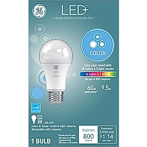 GE LED+ Color Changing Light Bulbs, 18 Colors & 5 Light Modes, No App or Wi-Fi Required, Remote Included, A19 Light Bulb (1 Pack)