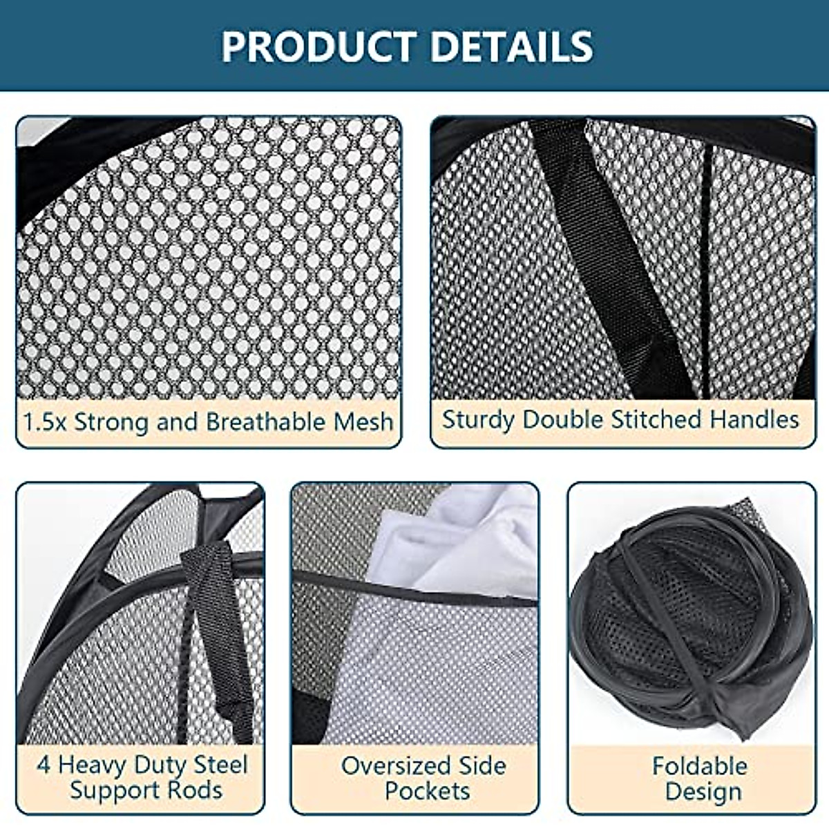 DEDU 3 Pack Pop-Up Laundry Hamper Large Foldable, Portable Mesh Laundry Basket with Handles and Side Pocket, Popup Laundry Bags Extra Large Heavy Duty for Travel and College Dorm (Black-White-Gray)