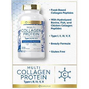 Carlyle Multi Collagen Protein Capsules 2000mg | 300 Count | Type I, II, III, V, X | Collagen Peptide Pills | Keto & Paleo Friendly, Gluten Free Supplement