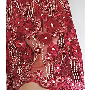 SanVera17 Manual Beading Glitter Stone African Lace Net Fabrics Nigerian Fabric Embroidered and Guipure Cord Lace for Party Wedding (Dark Red) 5 Yards