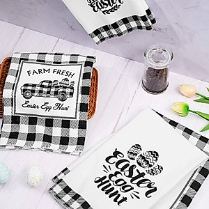 Whaline Easter Kitchen Towel Black White Dish Towel Happy Easter Plaid Dishcloth Large Tea Towel Decorative Spring Cloth Towel for Easter Home Kitchen Coking Baking, 4 Designs, 28 x 18