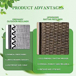 Greesum Patio Recliner All-Weather Wicker Outdoor Lounge Chair with Flip-up Side Table for Balcony, Porch, Lawn, Beige