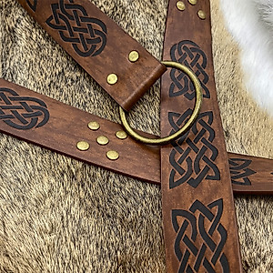 HiiFeuer Medieval Embossed PU Leather O Ring Belt, Retro Renaissance Knight Belt (Dark Brown C)