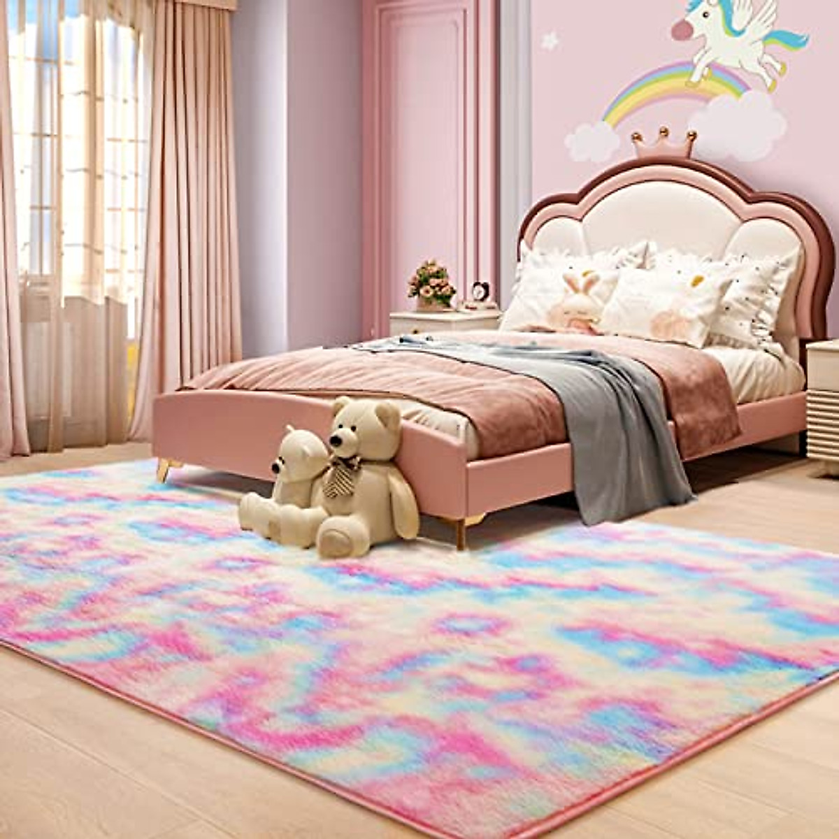 Rtizon Soft Rugs for Girls Bedroom, 5x8 Feet Shaggy Fluffy Rainbow Area Rug for Kids Playroom Living Room Dorm, Kawaii Tie-Dye Princess Rug for Kids Toddler