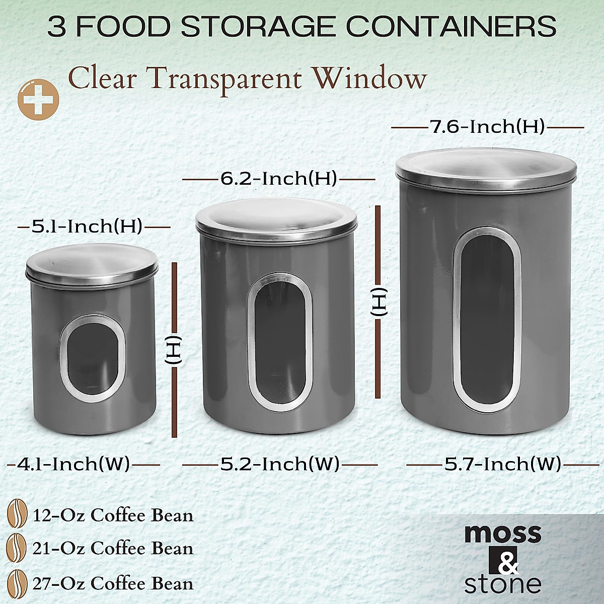 Moss And Stone 3 Piece Gray Canisters Sets For The Kitchen, Kitchen Jars With See Through Window | Airtight Coffee Container, Tea Organizer, And Sugar Canister, Kitchen Canisters Set of 3 (Grey)