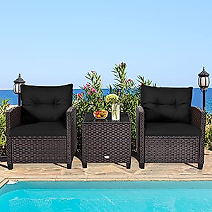 RELAX4LIFE 3 Piece Patio Furniture Set, Wicker Bistro Conversation Set w/ 2 Cushioned Armchairs & Glass Topped Table, Outdoor Rattan Sofa Set Patio Furniture for Porch Balcony Poolside (Black)