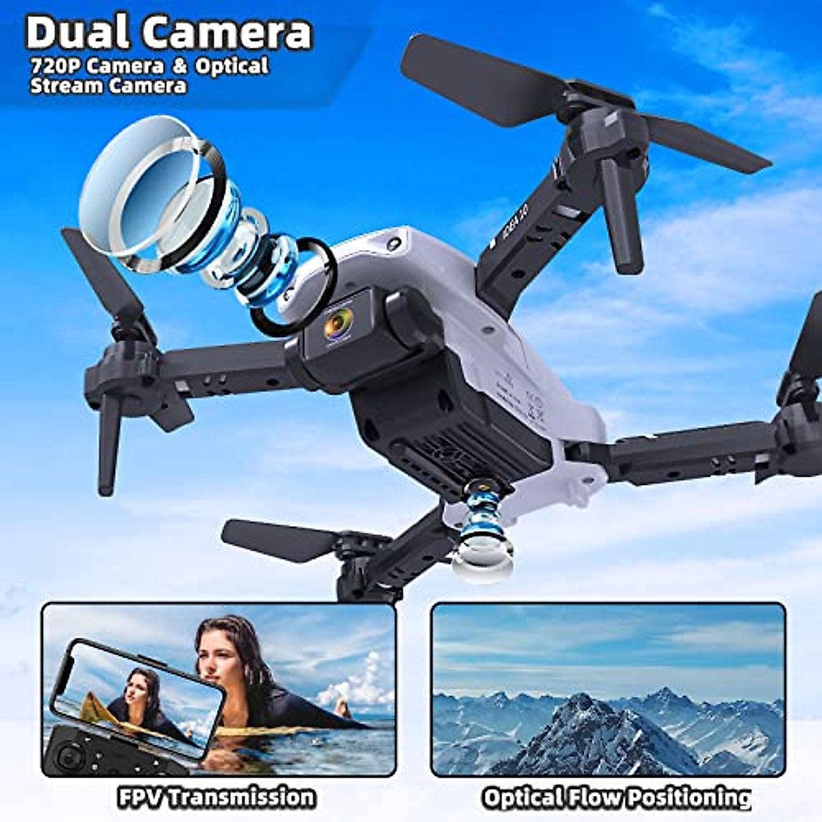 Mini Drones with 2 Cameras HD 720P WIFI FPV idea10 Drone for Beginner Adults RC Quadcopter with Optical Flow Positioning Altitude Hold 360° Flip 2 Batteries