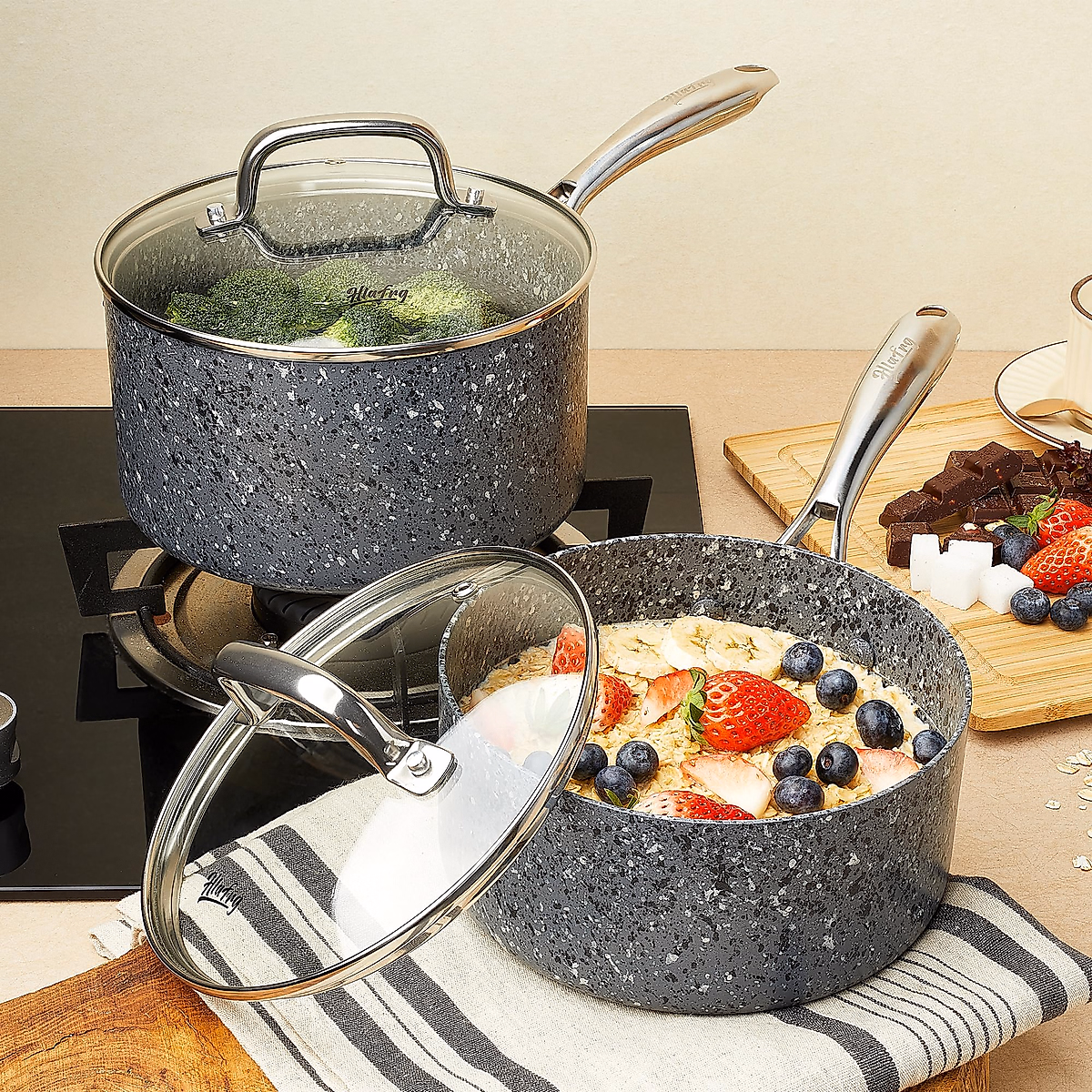 HLFRG Saucepan Set with Lid, Nonstick 2Qt & 3Qt Sauce Pan Set with Lid, Small Pot with Lid, Natural Granite Nonstick Saucepan Set, Small Sauce Pots, Grey Pot Set - 2Qt & 3Qt